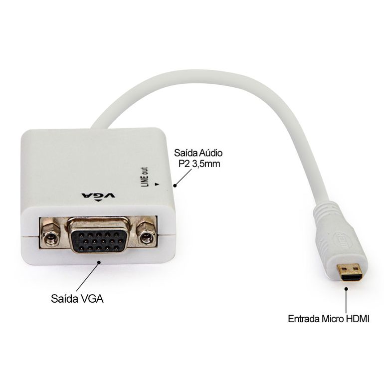Cabo Adaptador Micro HDMI para VGA com Áudio, Branco - Cirilo Cabos